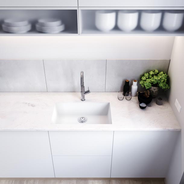 Kjøkkenbenk: Corian® Benkeplate Limestone Prima rektangulær